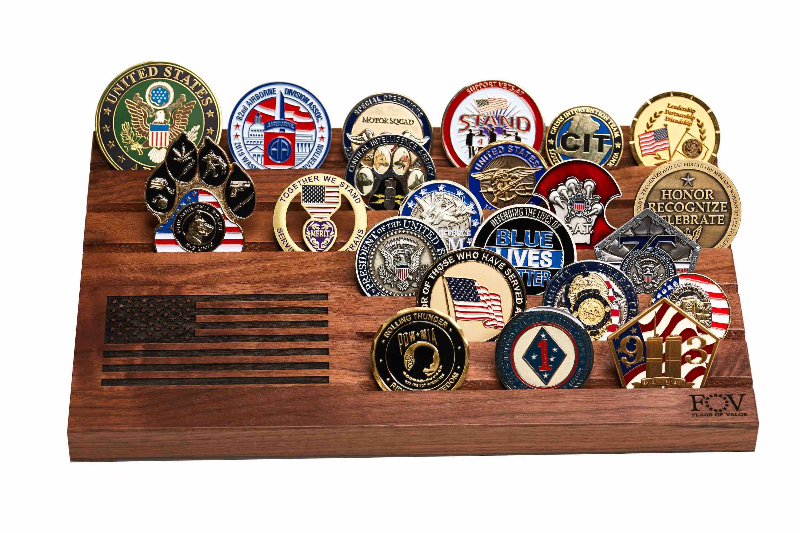 Wooden Desktop Challenge Coin Holder | Framed American Flag Art